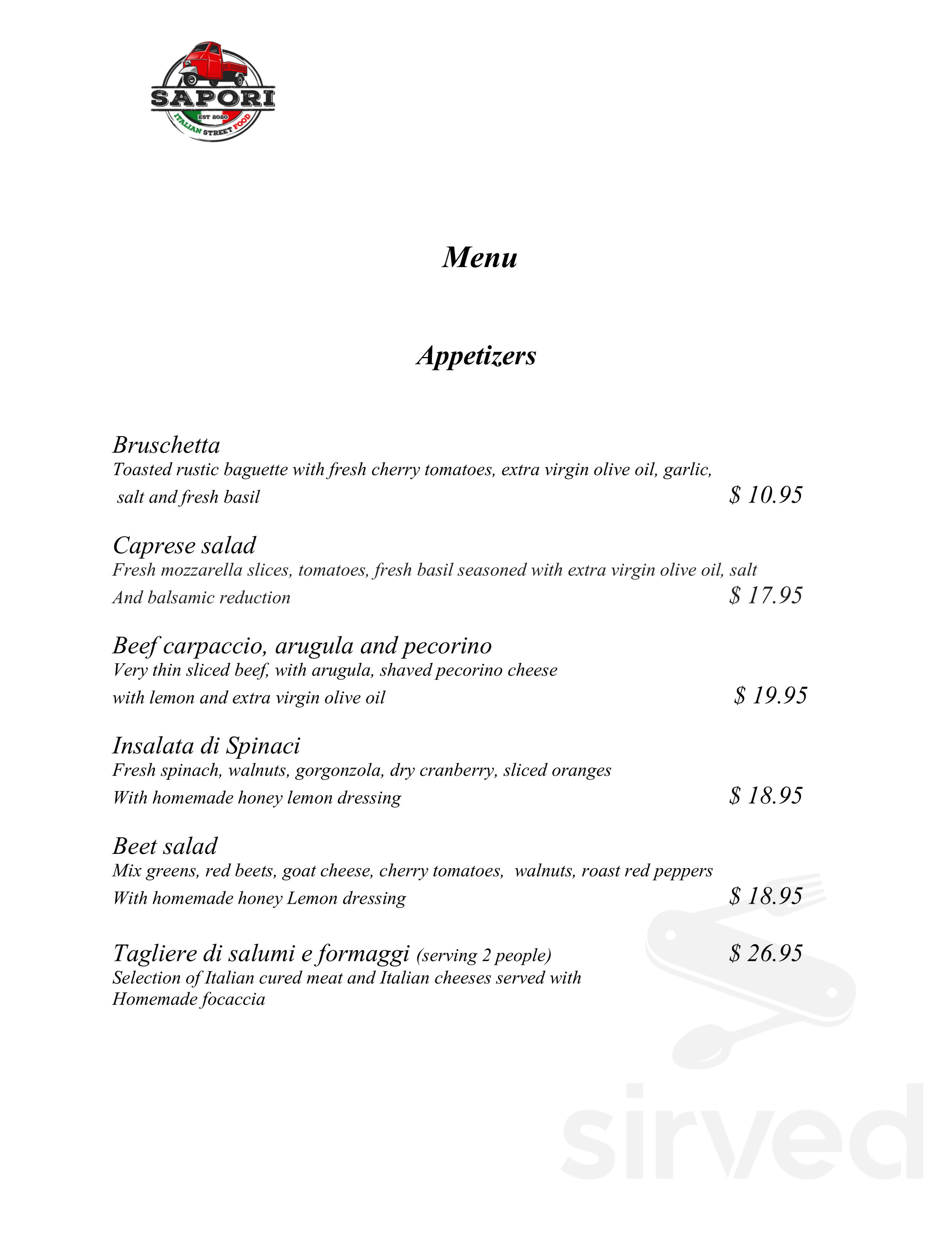 Sapori Italian Street menu in Halifax, Nova Scotia, Canada