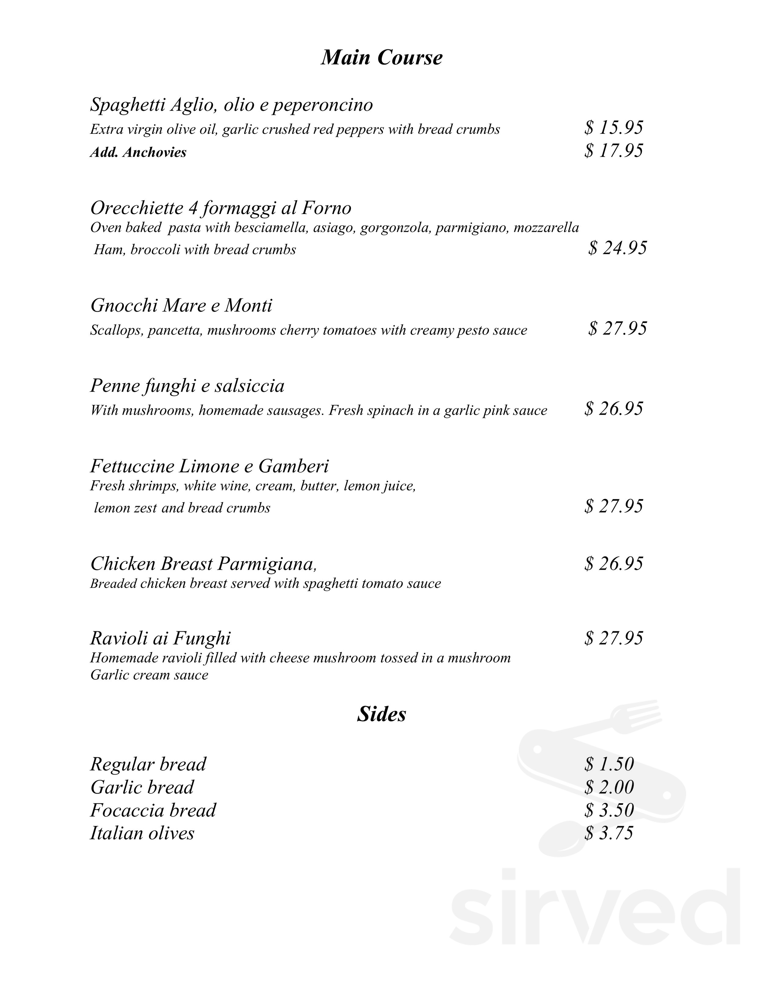 Sapori Italian Street menu in Halifax, Nova Scotia, Canada