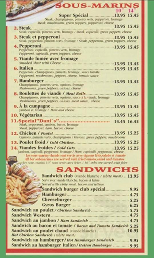 Restaurant Dani's Pizzeria menus in Lasalle, Quebec, Canada