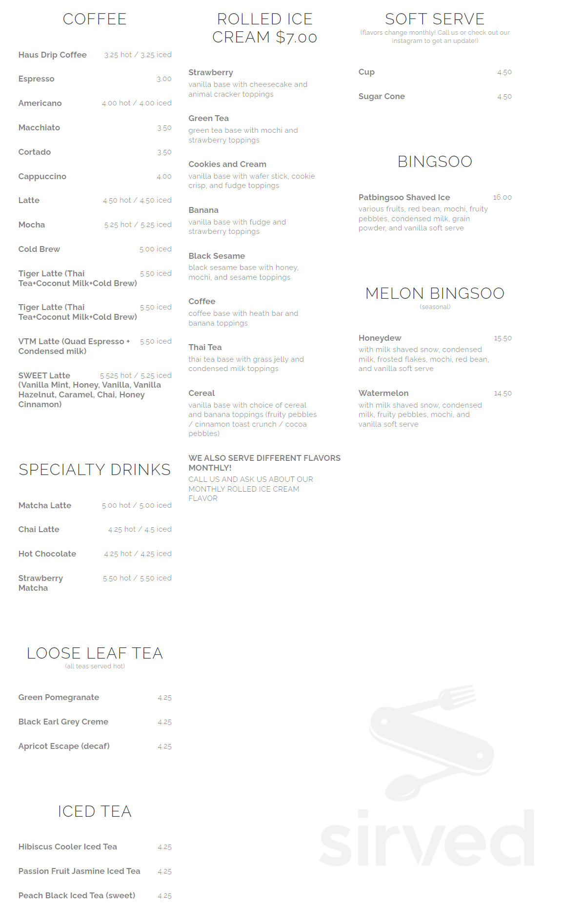 Bing Haus menu in San Diego, California, USA