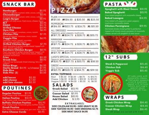 Luigi's Pizzeria menu in Cornwall, Ontario, Canada