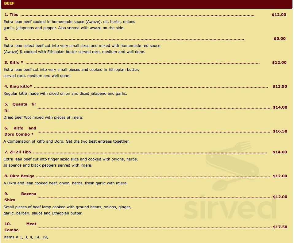 Ras Dashen Restaurant menu in Seattle, Washington, USA