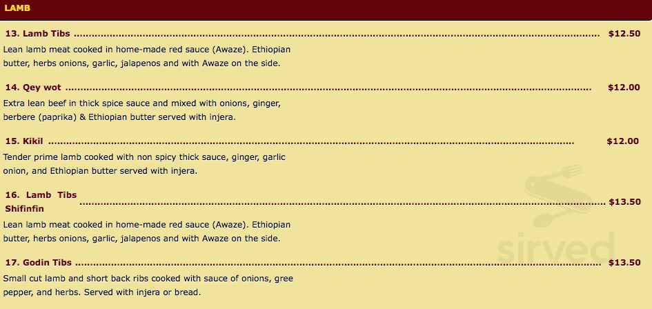 Ras Dashen Restaurant menu in Seattle, Washington, USA