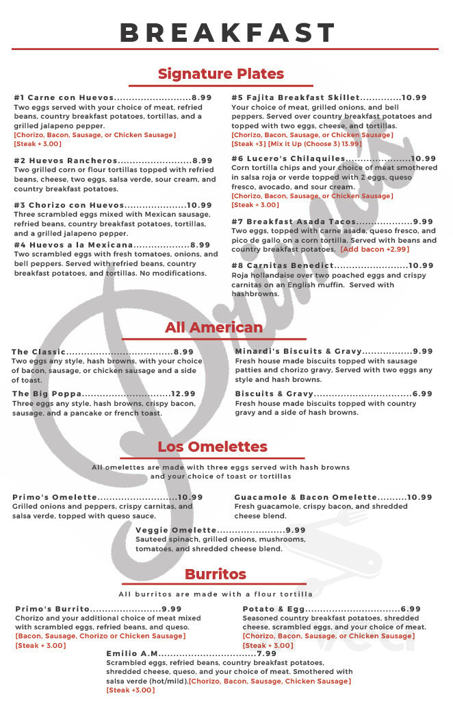 Primo's Modern Mexican Restaurant menu in Omaha, Nebraska, USA