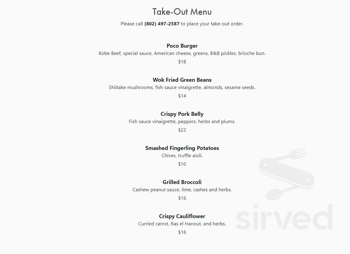 Menu for Restaurant Poco in Burlington, VT | Sirved