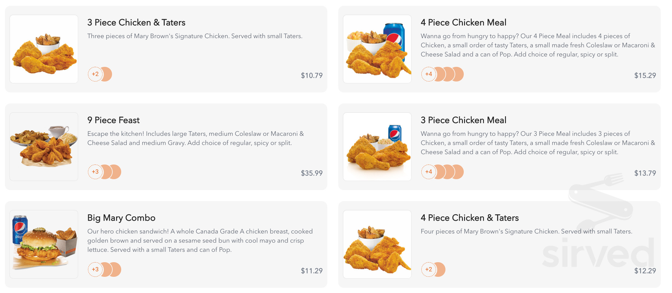 Mary Brown's Chicken menu in Brampton, Ontario, Canada