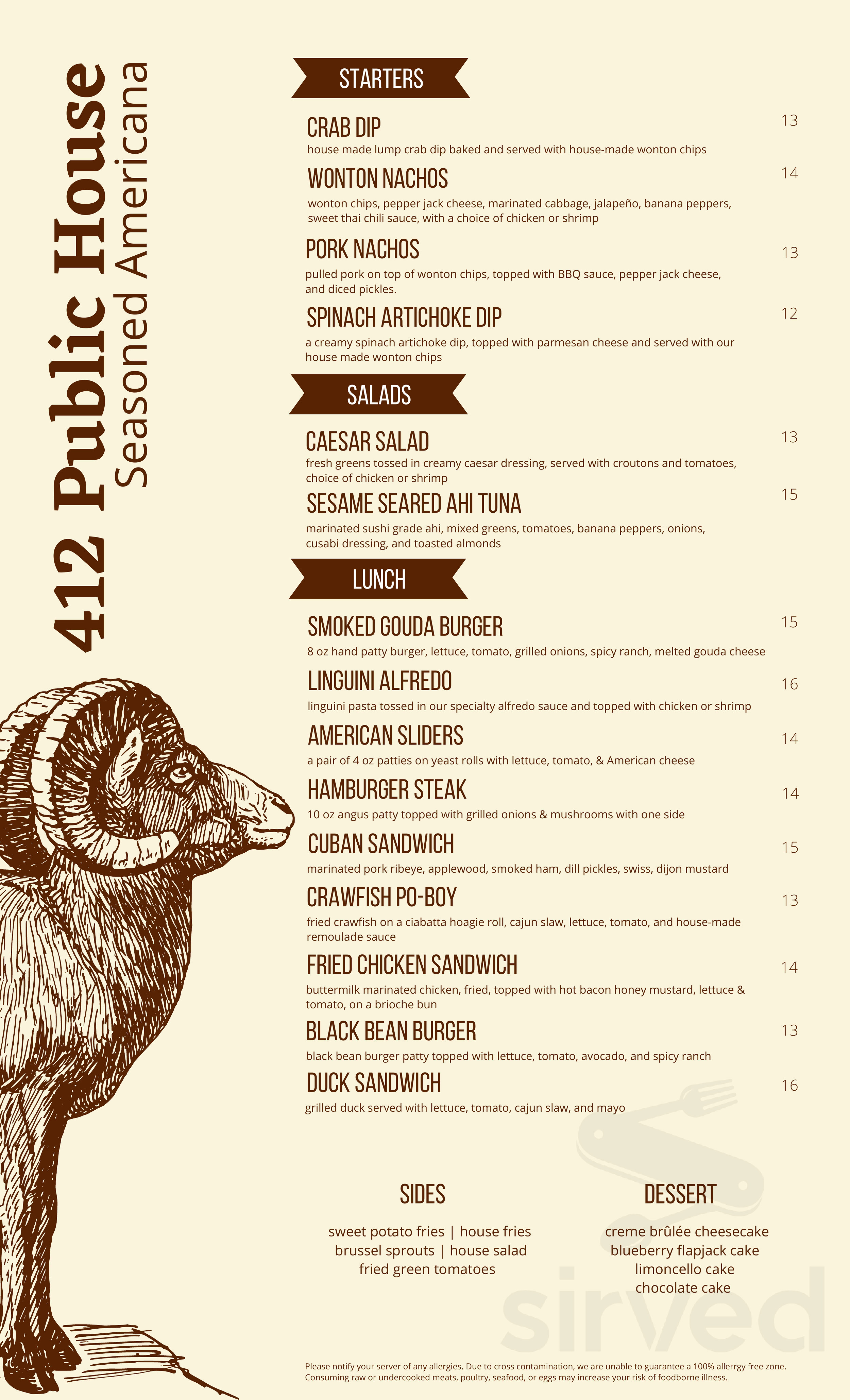 412 Public House menu in Cullman, Alabama, USA