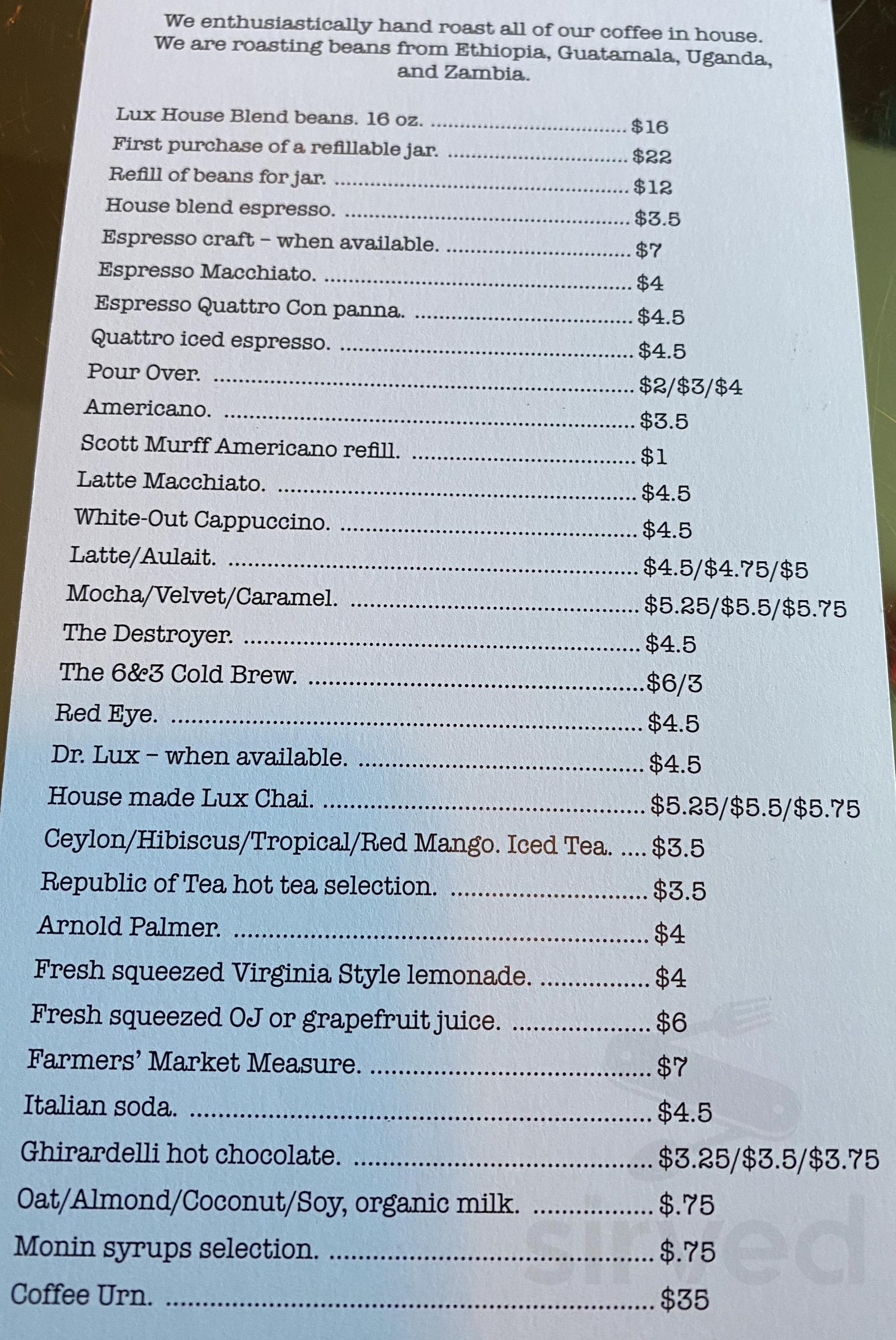 LUX Max Annex menu in Scottsdale, Arizona, USA