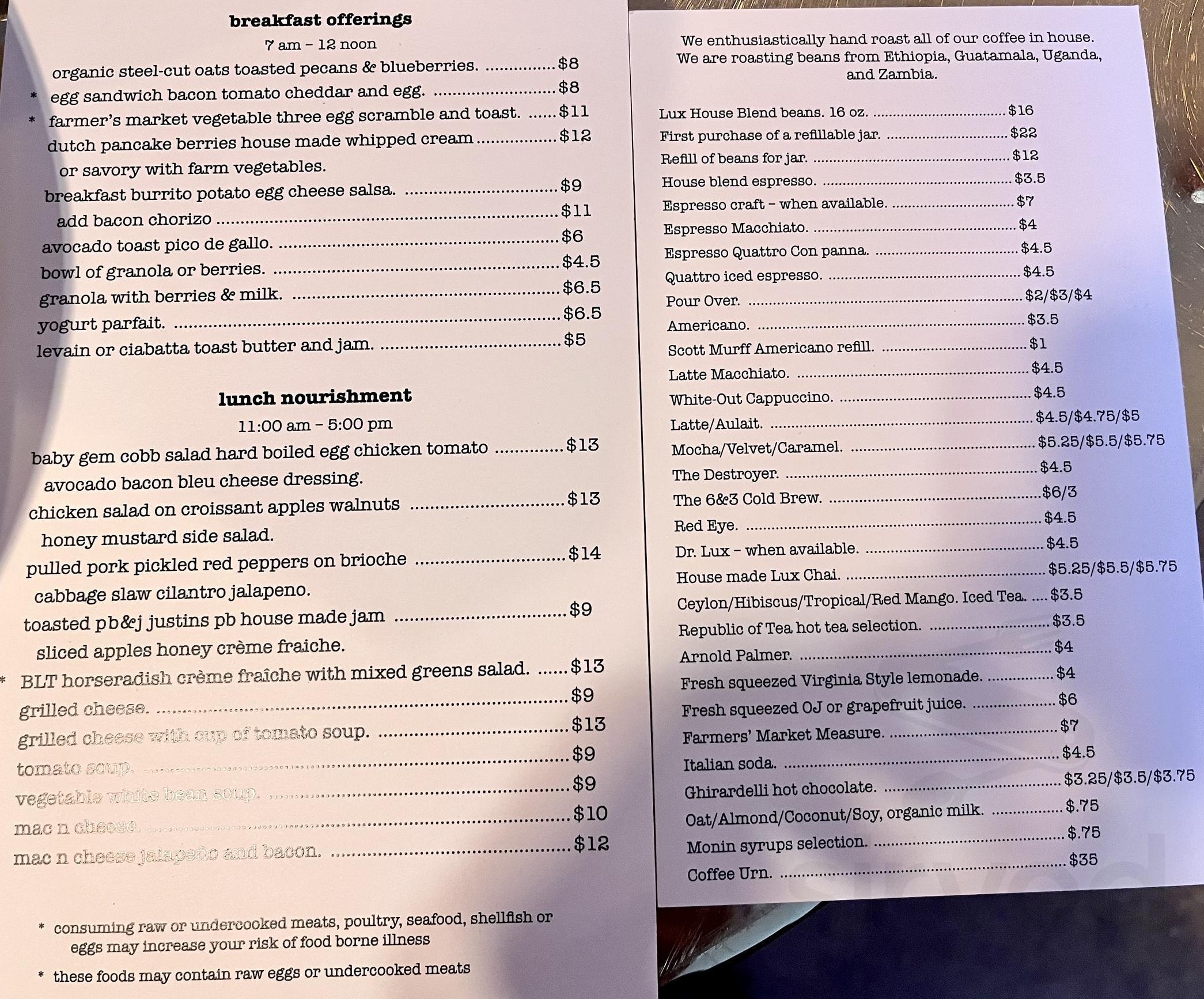 LUX Max Annex menu in Scottsdale, Arizona, USA