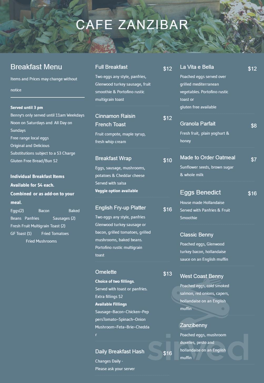 Cafe Zanzibar menu in Brentwood Bay, British Columbia, Canada