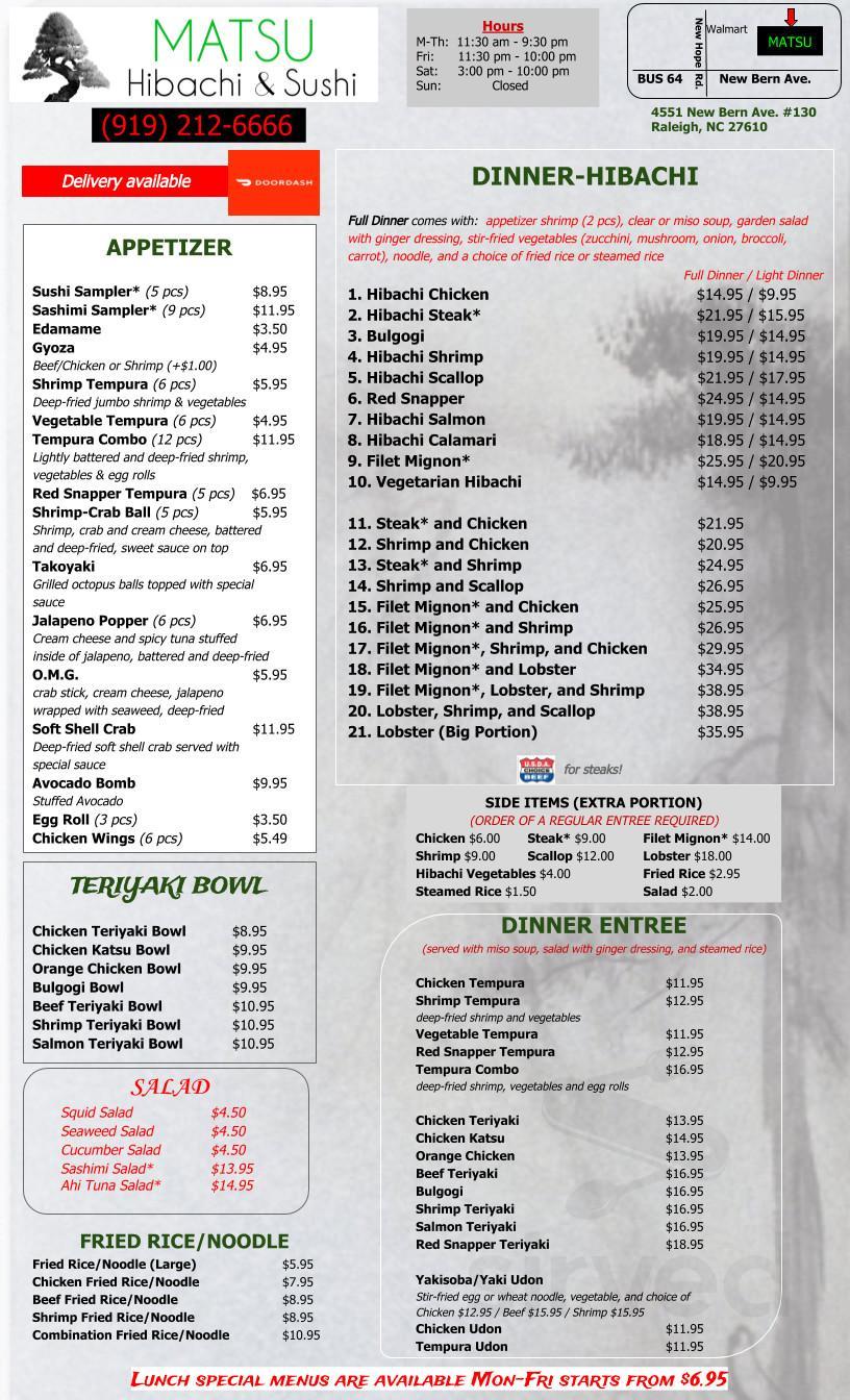 MATSU Hibachi & Sushi menu in Raleigh, North Carolina, USA
