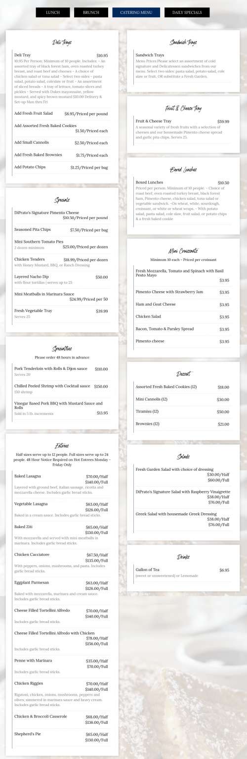 DiPrato's menu in Columbia, South Carolina, USA