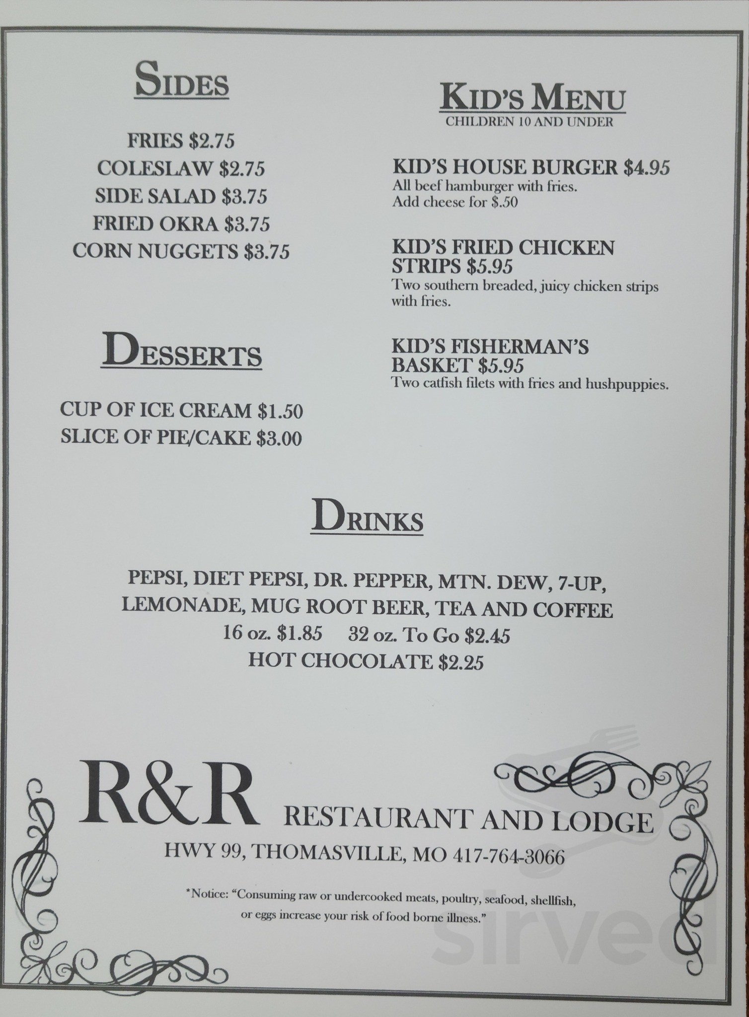 Menu - Birch Tree MO's River Resorts LLC. Thomasville Restaurant, Lodge ...