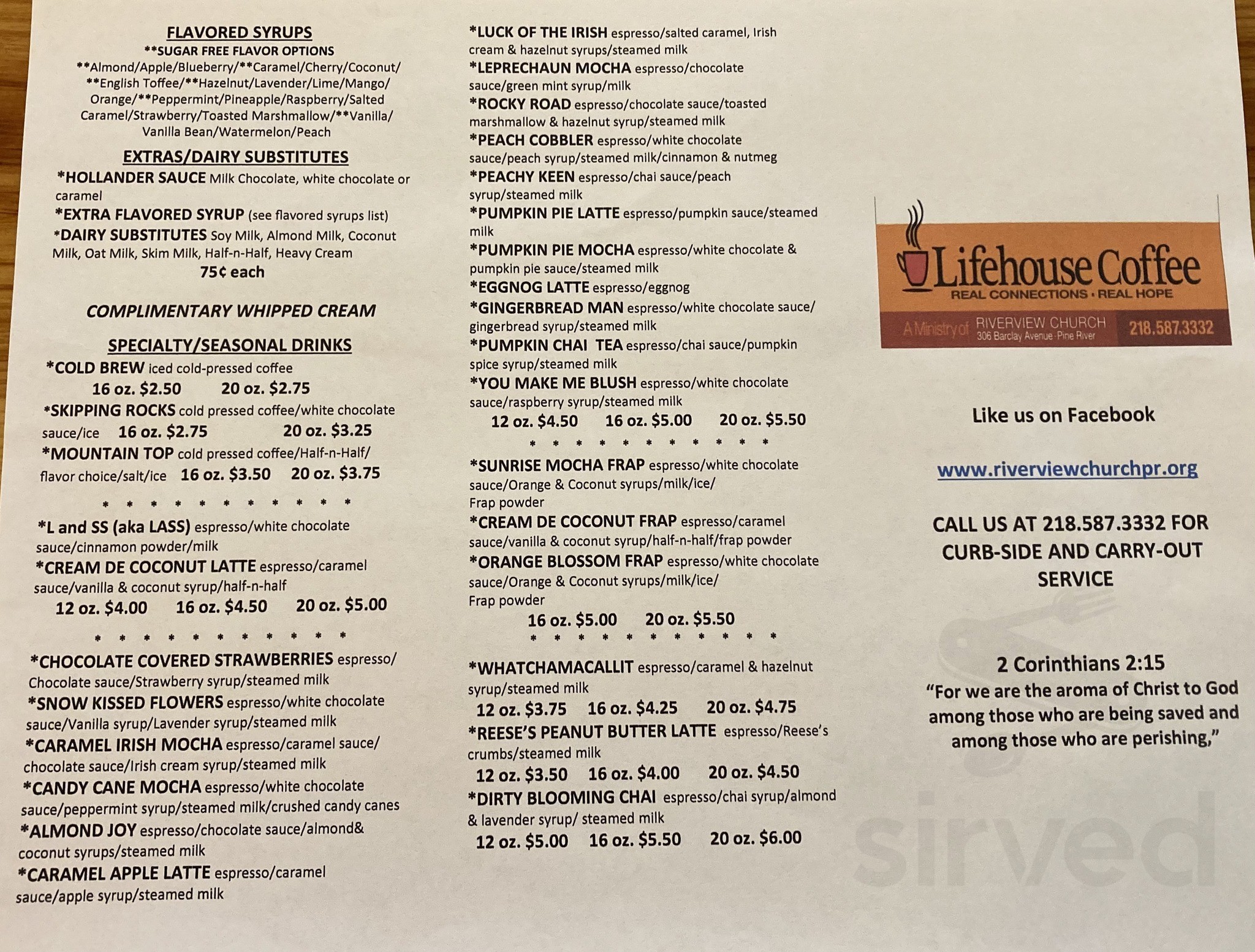 Lifehouse Coffee menu in Pine River, Minnesota, USA