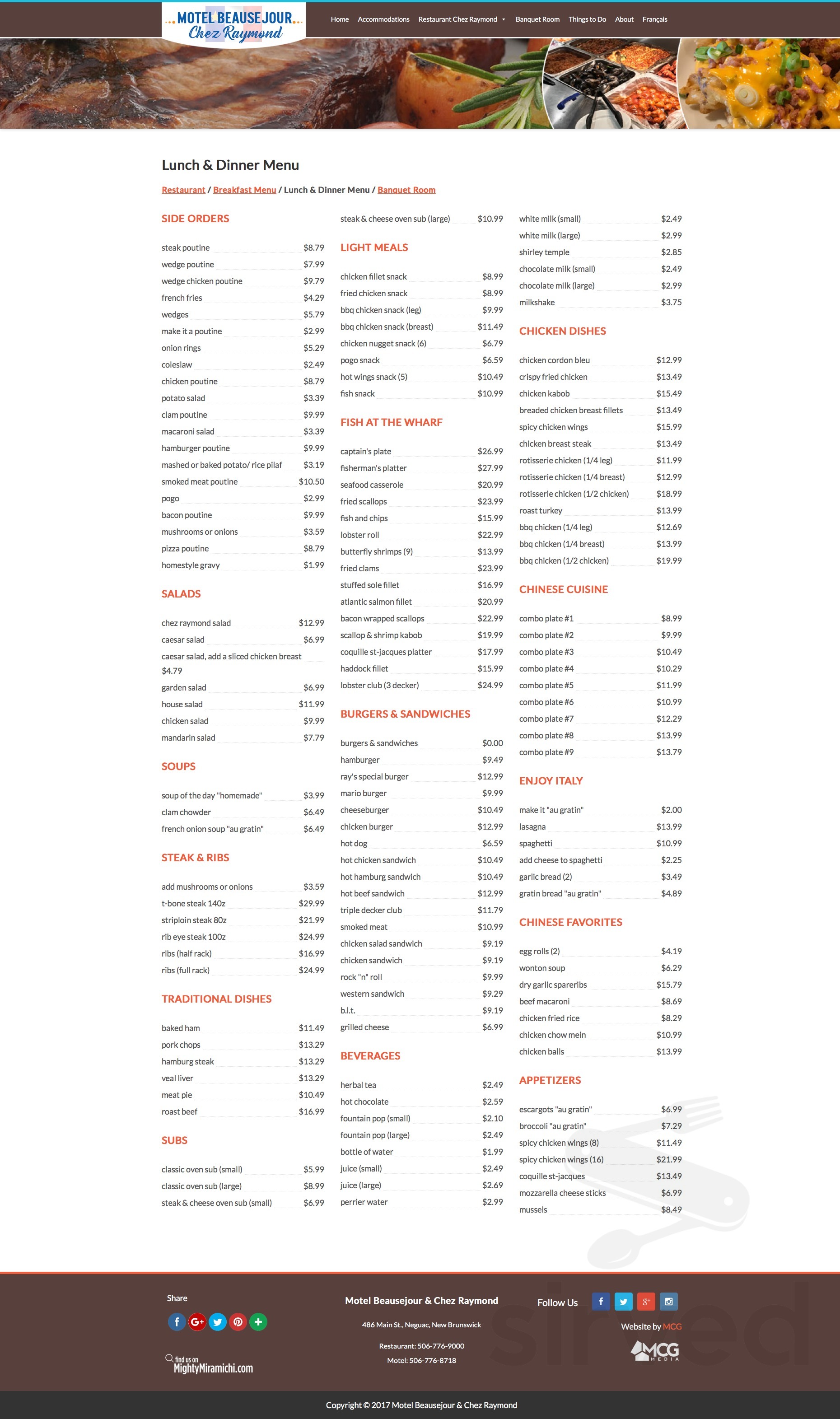 Menu for Chez Raymond in Neguac, NB | Sirved