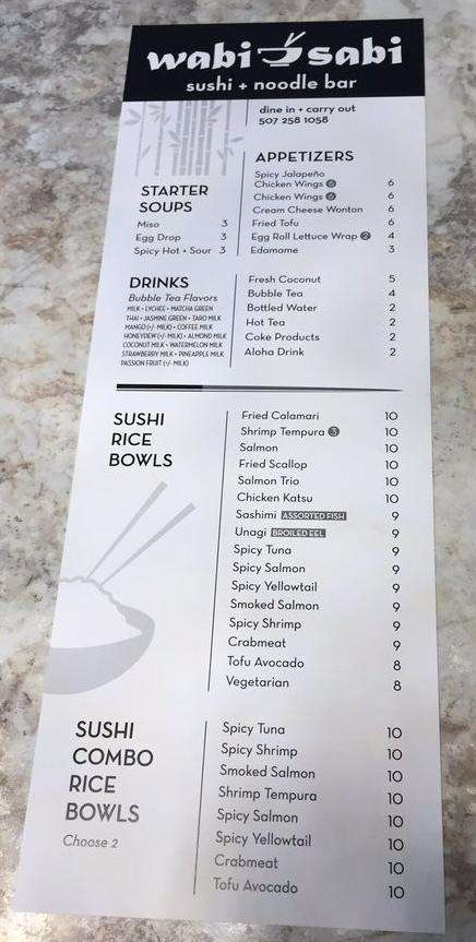 Wabi Sabi Express menu in Rochester, Minnesota, USA