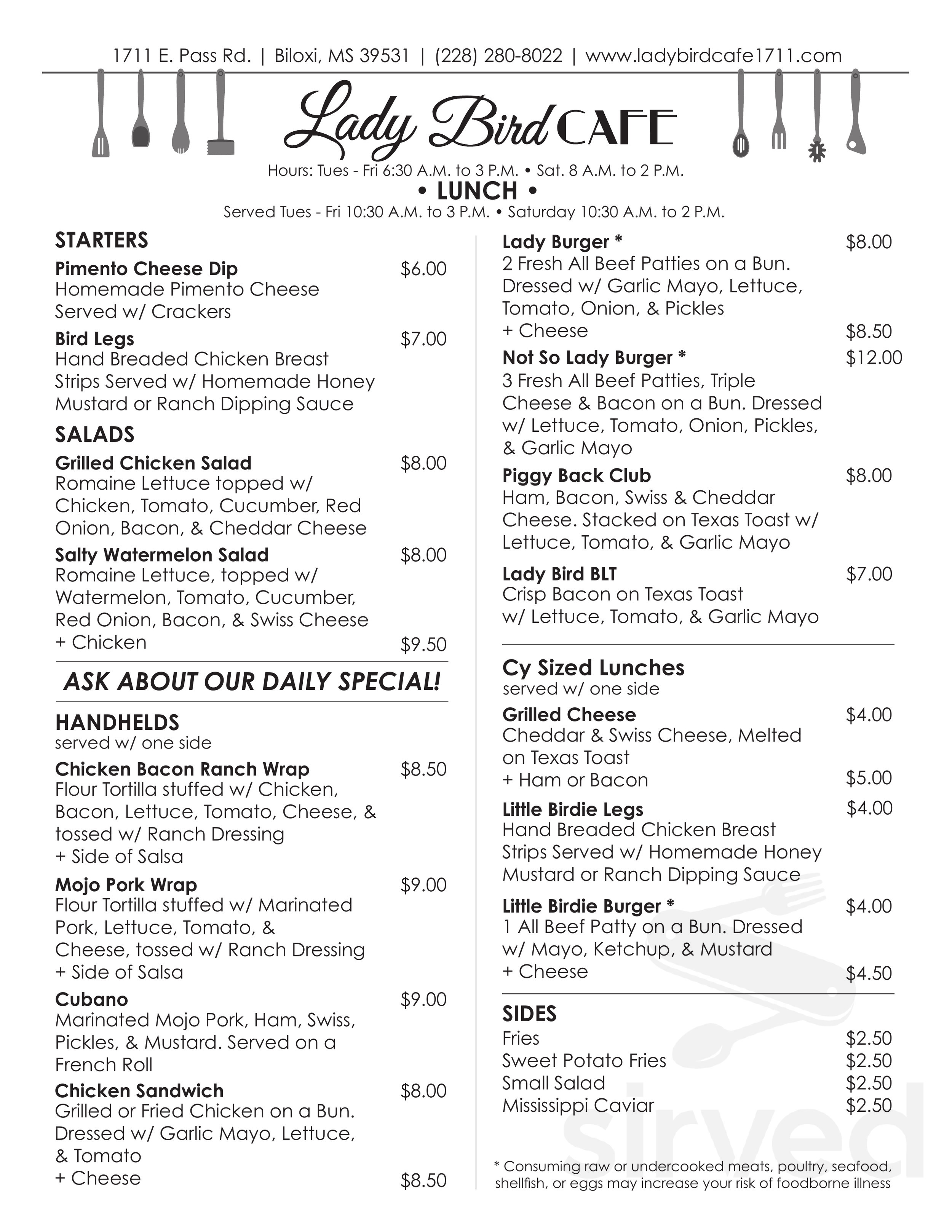 Menu - Biloxi MS's LADY BIRD CAFE | Sirved