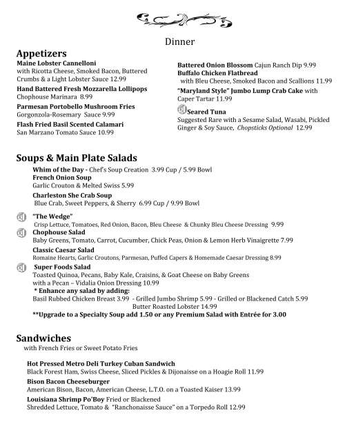 Murphy's Chophouse menu in Murphy, North Carolina, USA