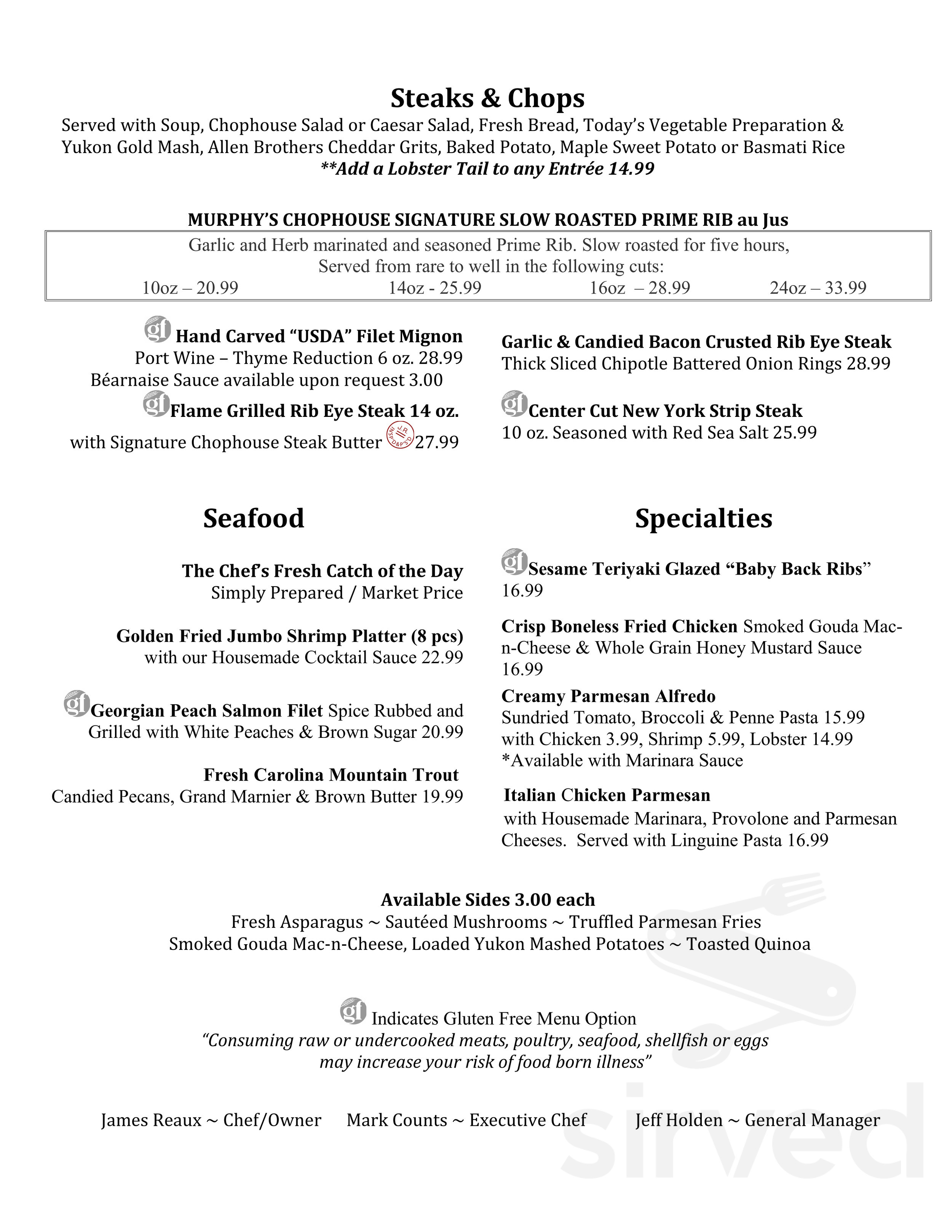 Murphy's Chophouse menu in Murphy, North Carolina, USA