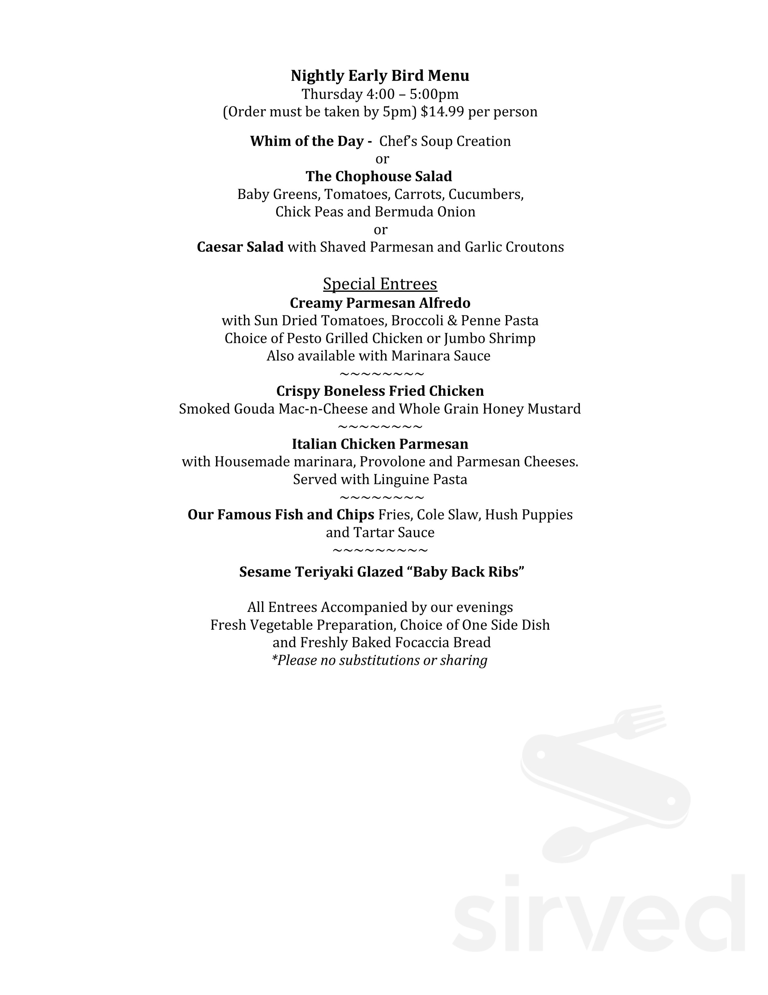 Murphy's Chophouse menu in Murphy, North Carolina, USA