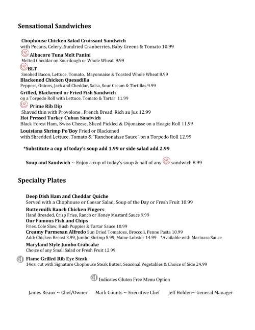 Murphy's Chophouse menu in Murphy, North Carolina, USA