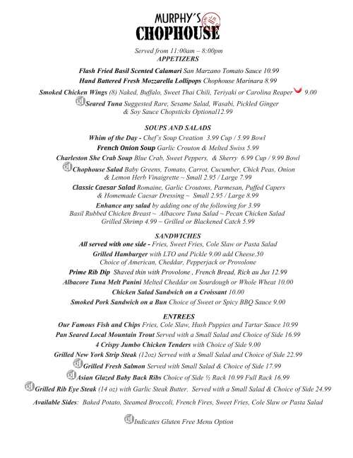 Murphy's Chophouse menu in Murphy, North Carolina, USA