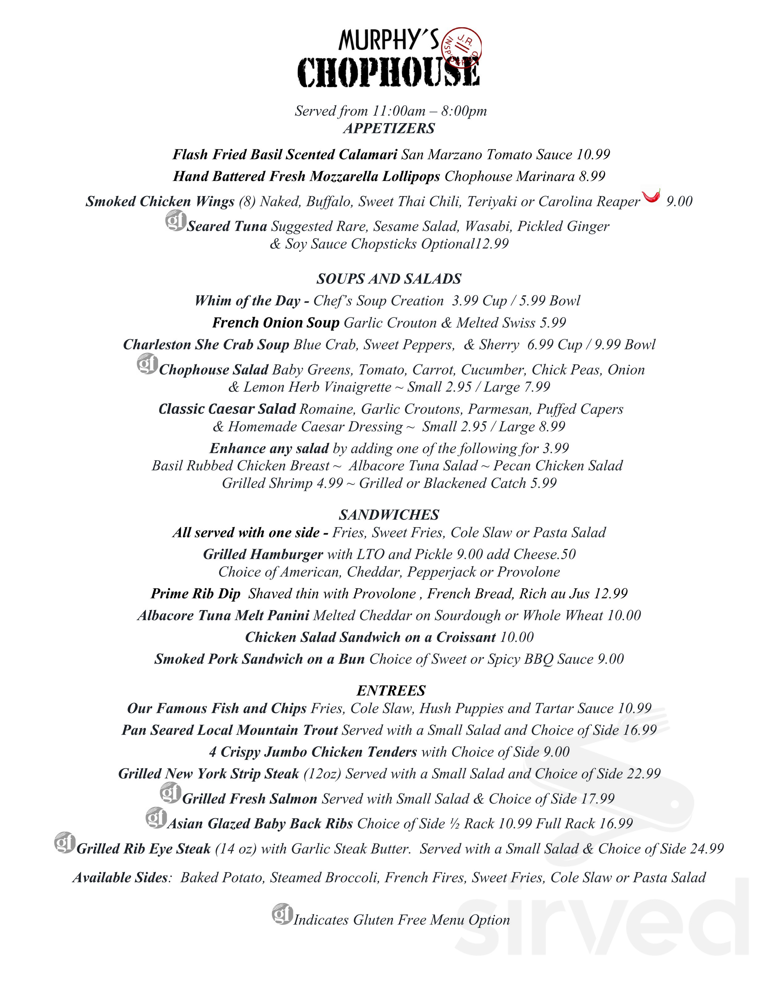 Murphy's Chophouse menus in Murphy, North Carolina, United States