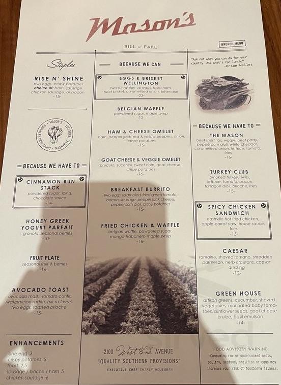 Mason's Nashville menu in Nashville, Tennessee, USA