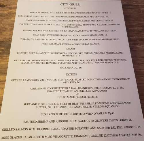 City Grill menu in Montgomery, Alabama, USA