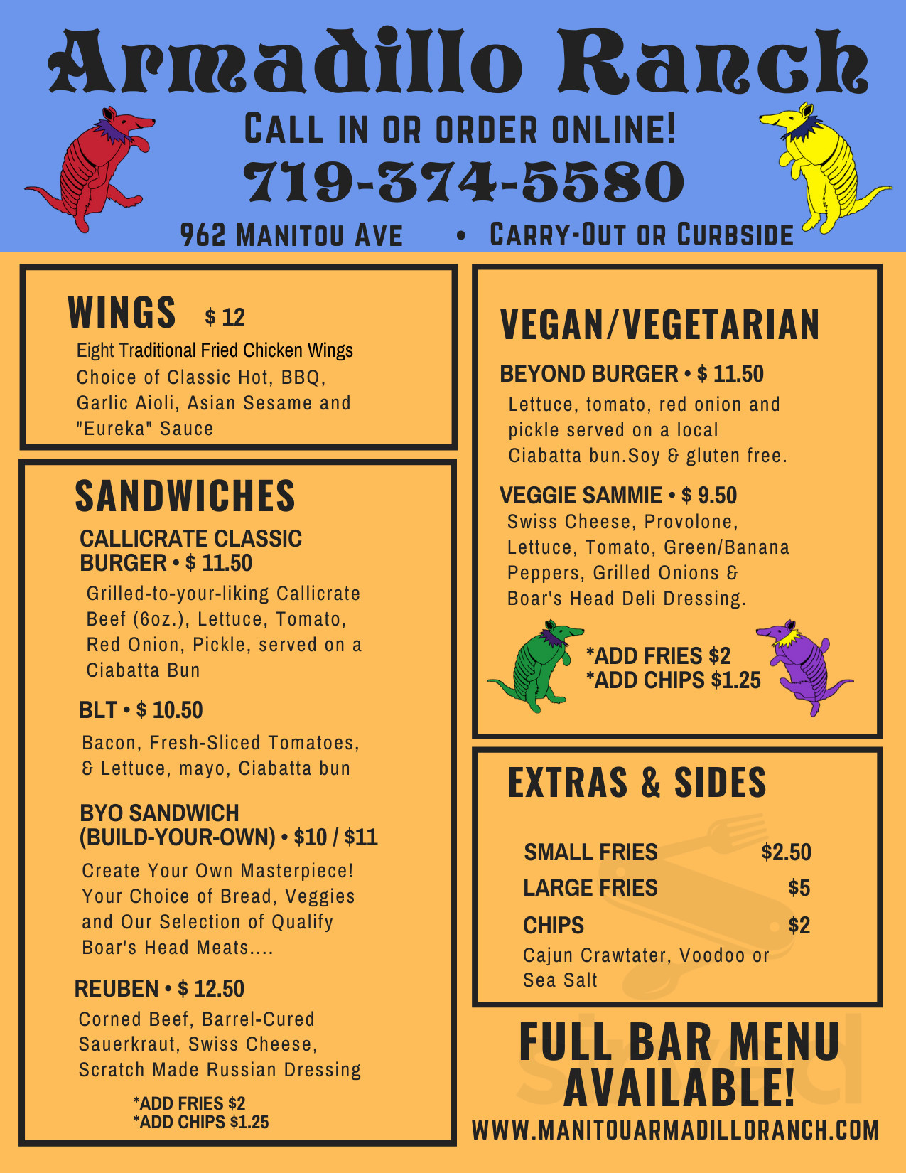 Menu - Manitou Springs CO's Armadillo Ranch In Historic Manitou Springs ...