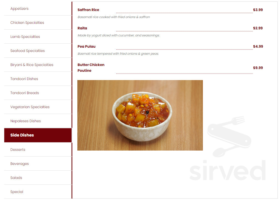 The Curry Pot menus in St. Catharines, Ontario, Canada