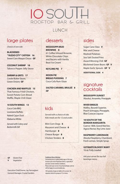 10 South Rooftop Bar & Grill menu in Vicksburg, Mississippi, USA