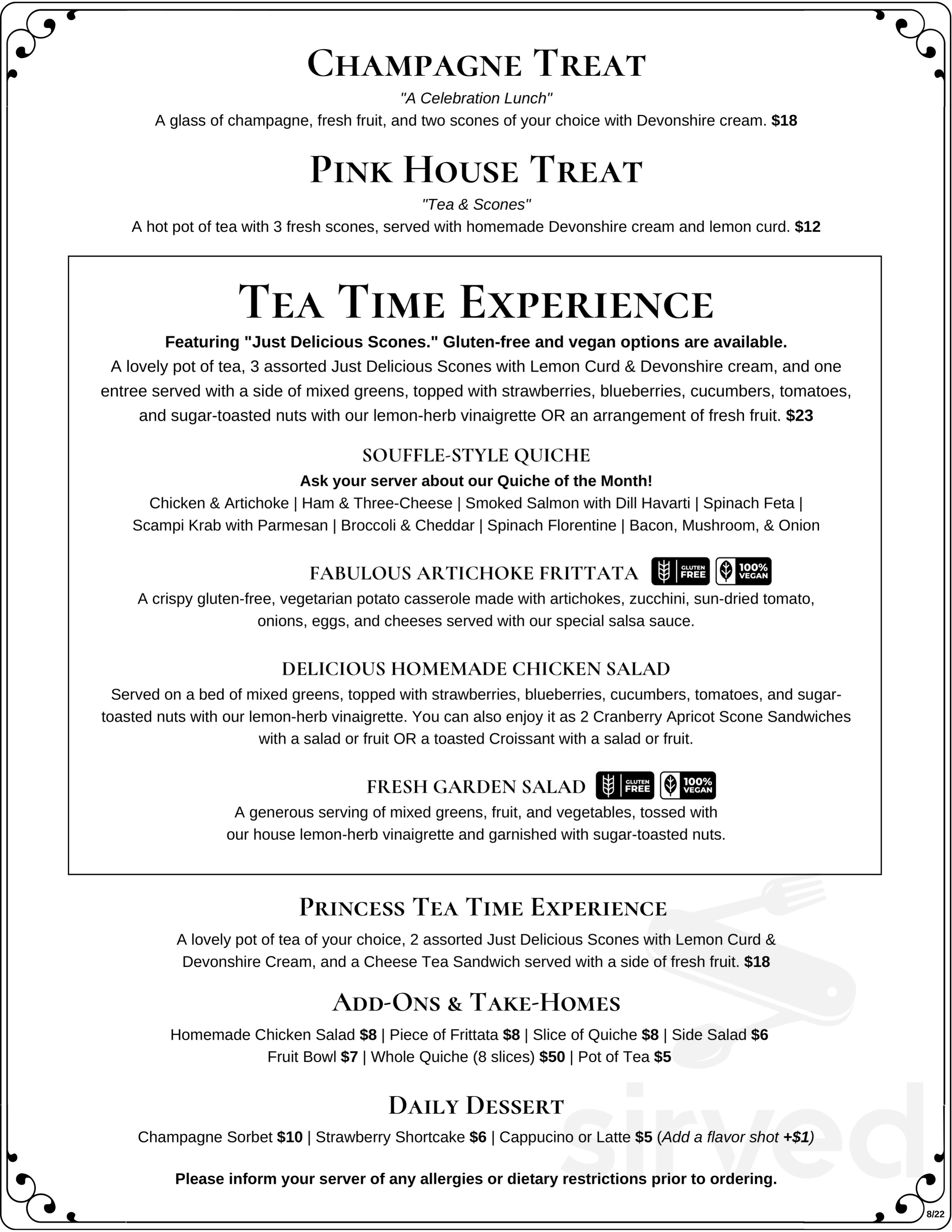 Menu - New Baltimore MI's The Pink House Tea Room & Bnb | Sirved