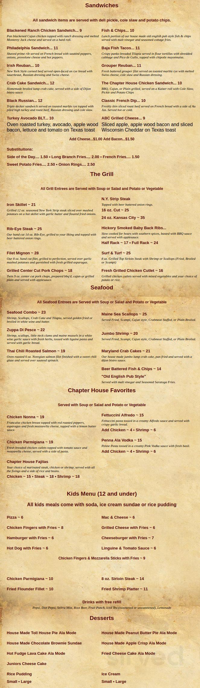 Chapter House menus in Howell Township, New Jersey, United States
