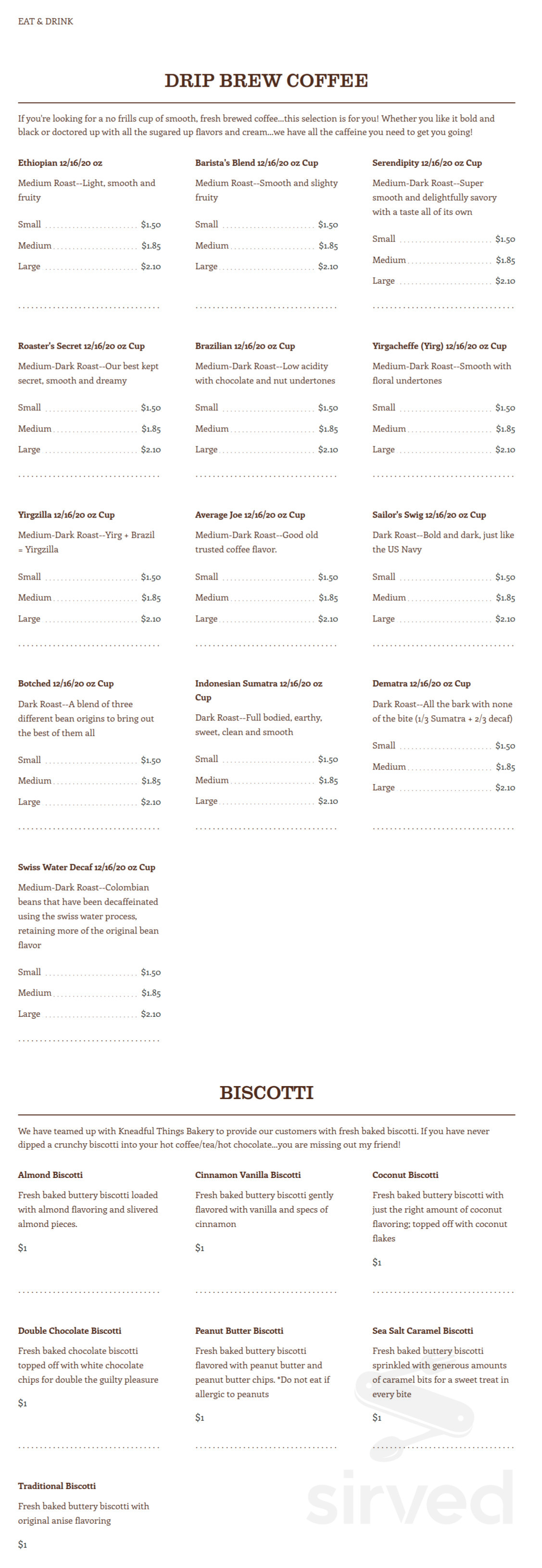 Barista's Roast menu in Corry, Pennsylvania, USA