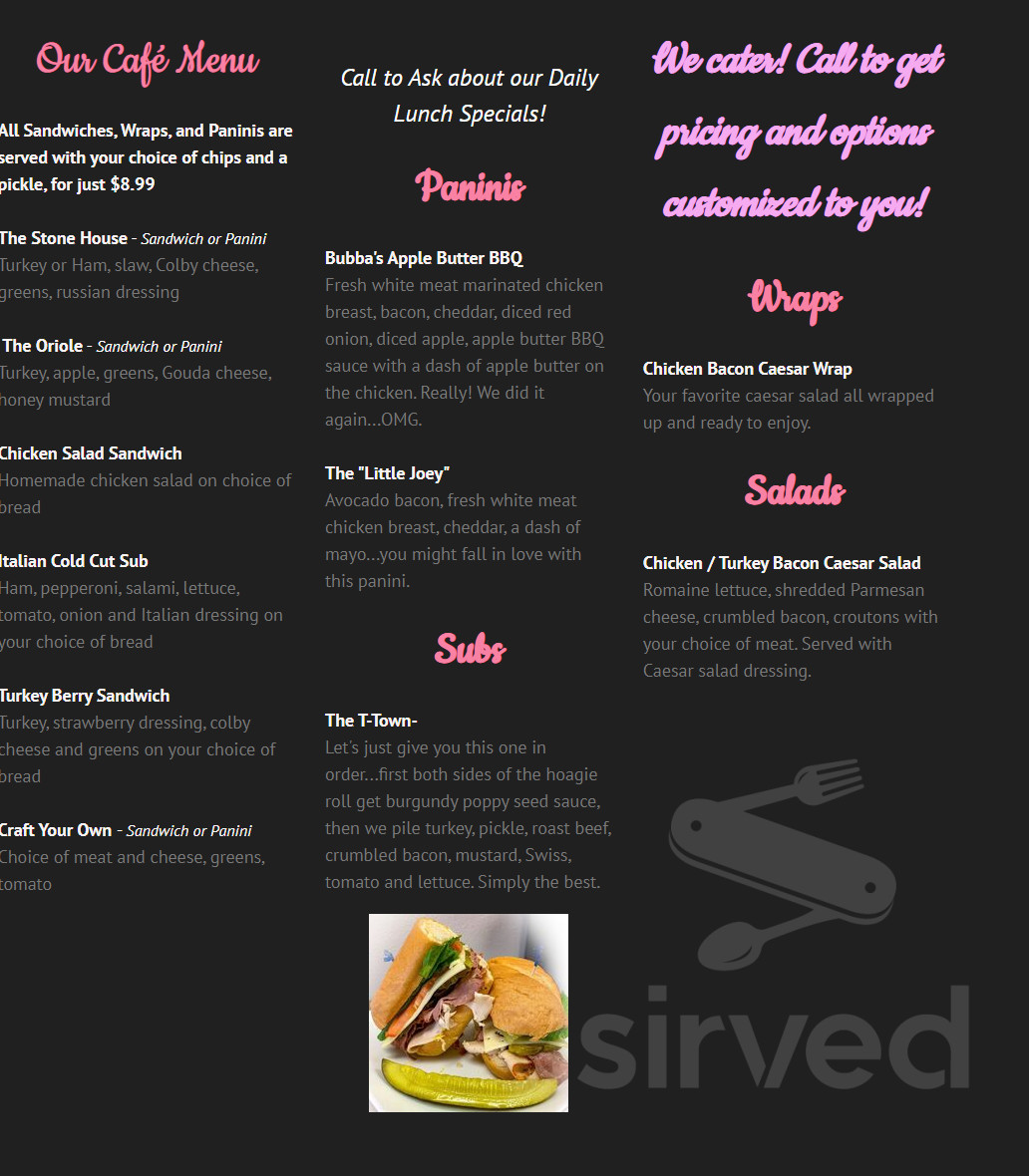 Stone House Cakery and Cafe menu in Taneytown, Maryland, USA