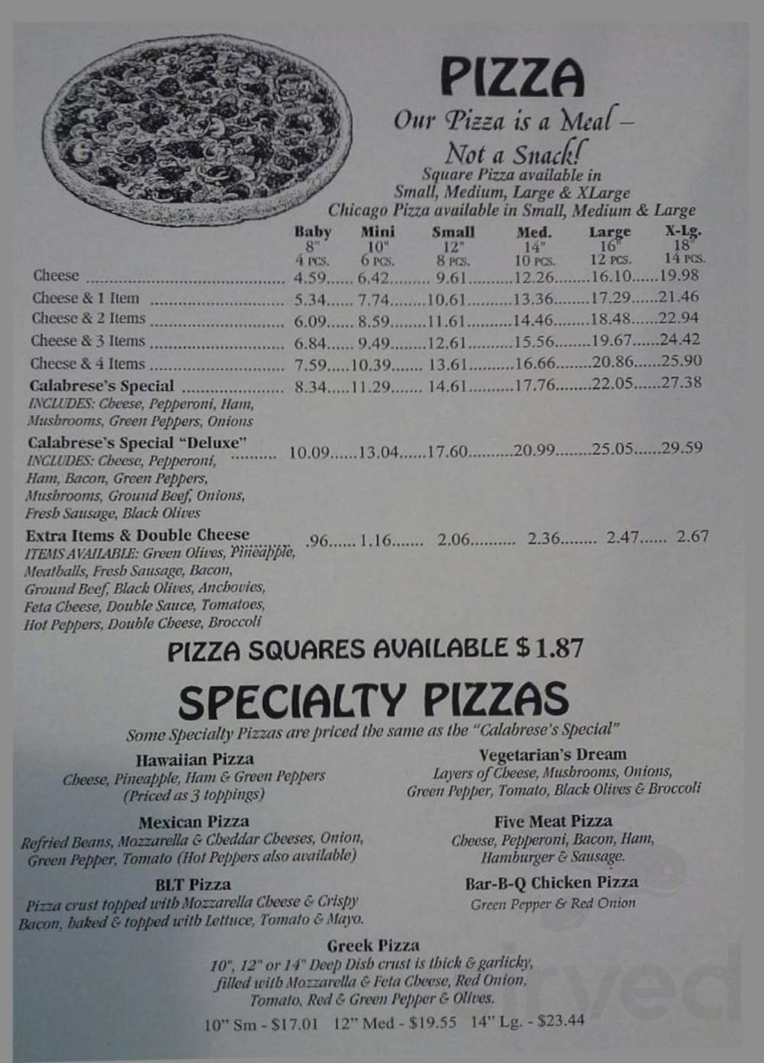 Menu - Waterford Twp MI's Calabrese's Pizzeria II | Sirved