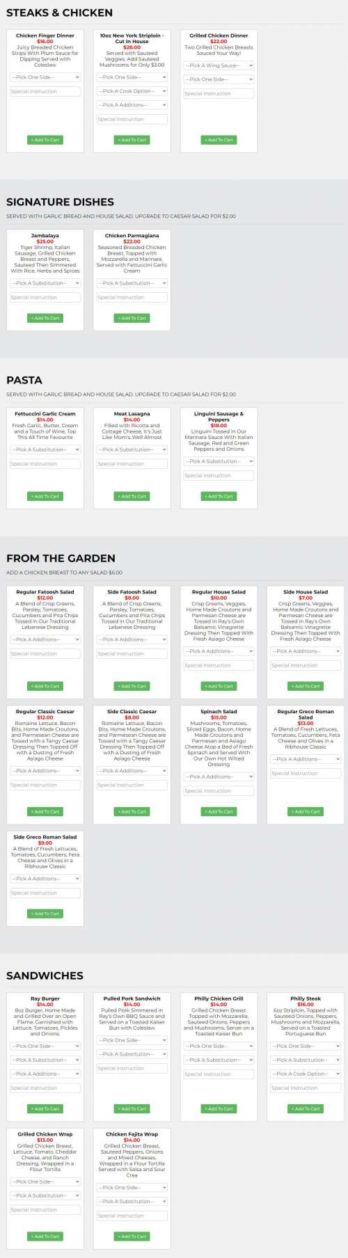 Ray's Ribhouse menu in Leamington, Ontario, Canada