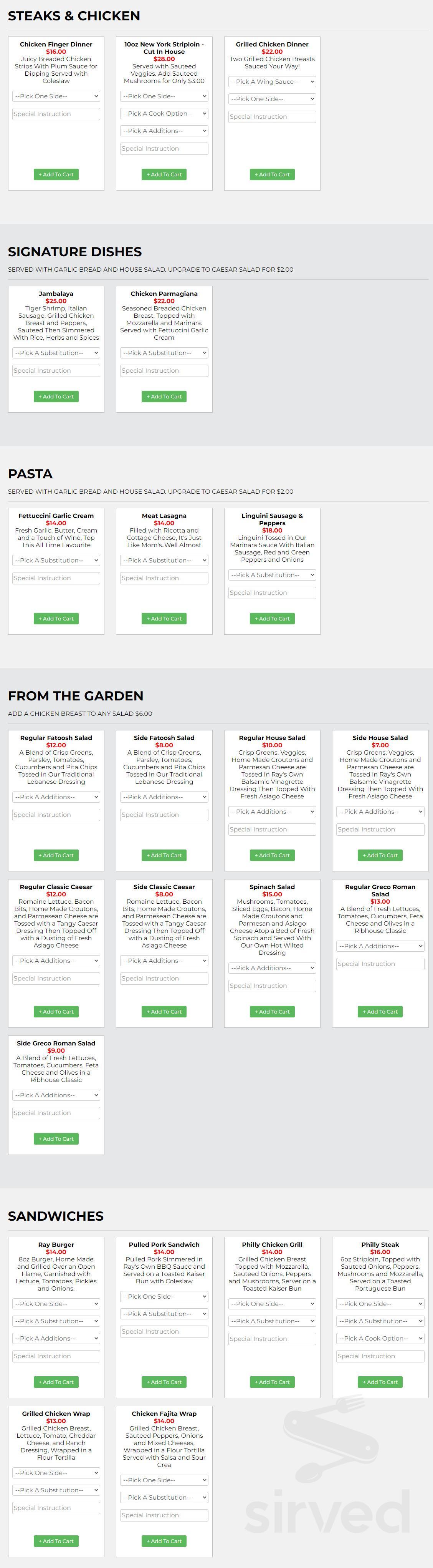 Ray's Ribhouse menus in Leamington, Ontario, Canada