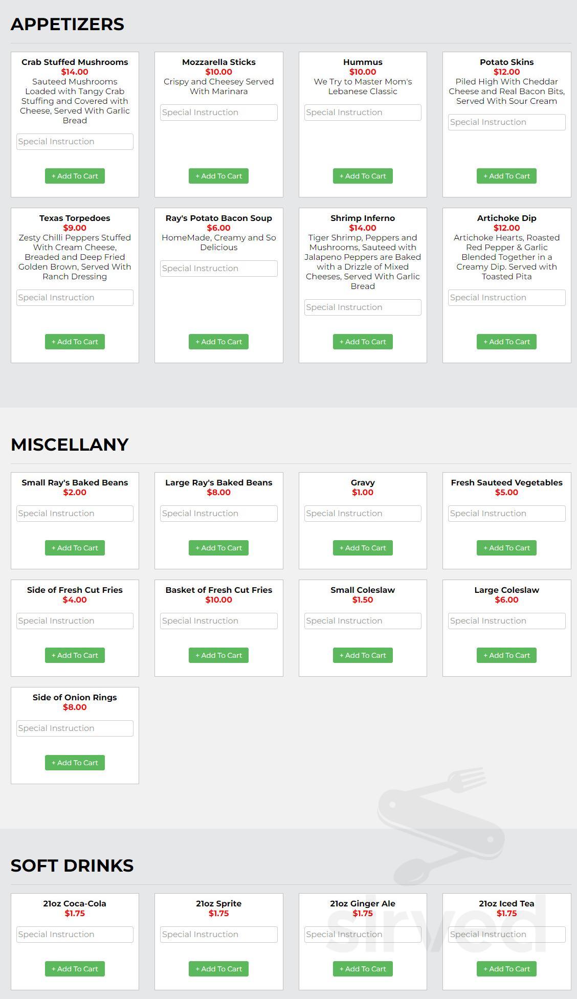 Ray's Ribhouse menu in Leamington, Ontario, Canada