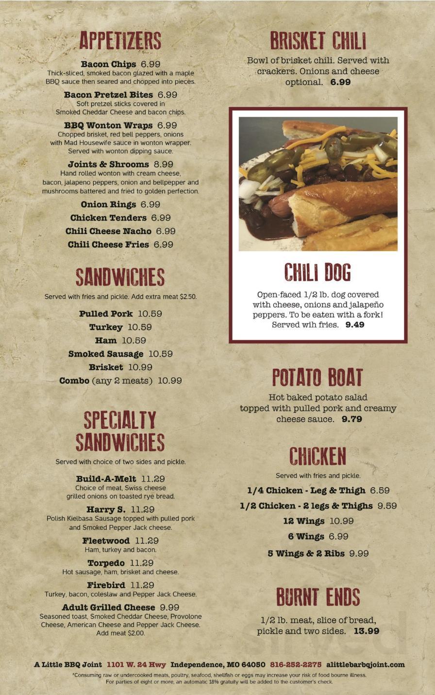 A Little BBQ Joint menu in Independence, Missouri, USA