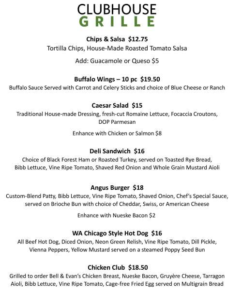 Clubhouse Grille menu in Orlando, Florida, USA