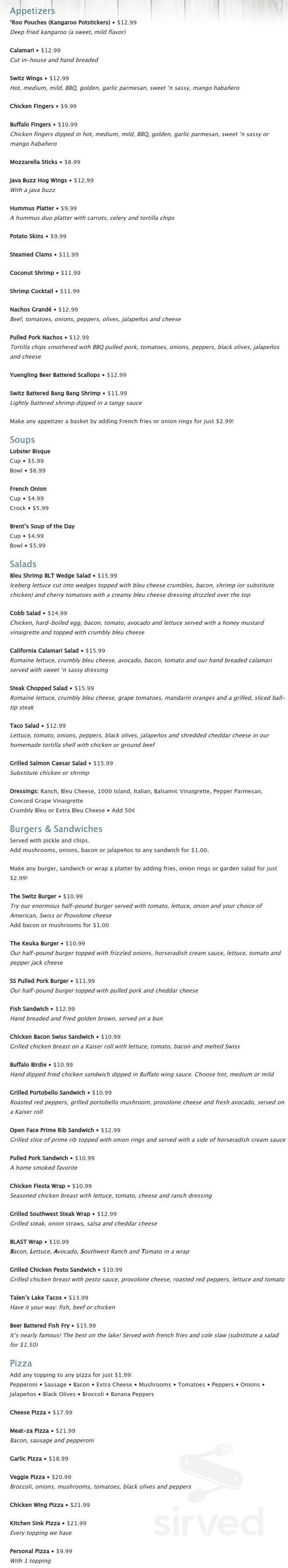 The Switzerland Inn menu in Hammondsport, New York, USA