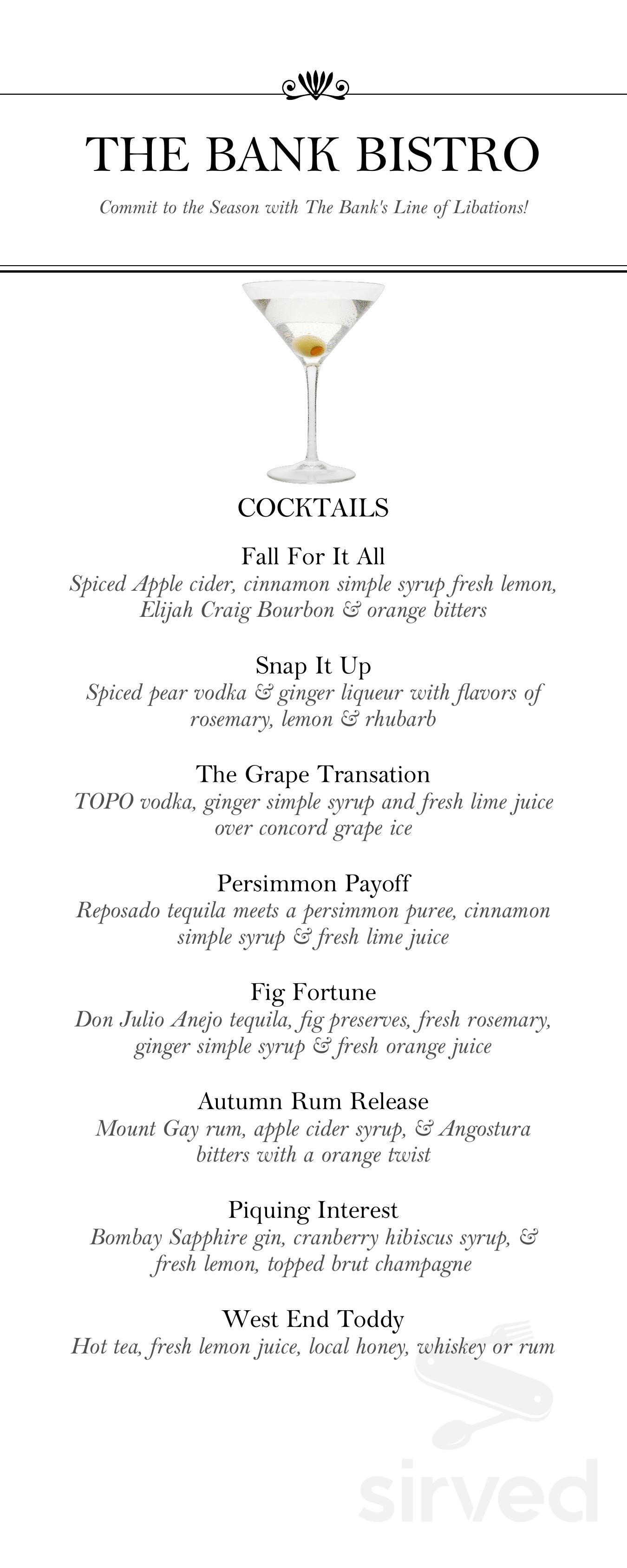 Menu for The Bank Bistro in Washington, NC | Sirved