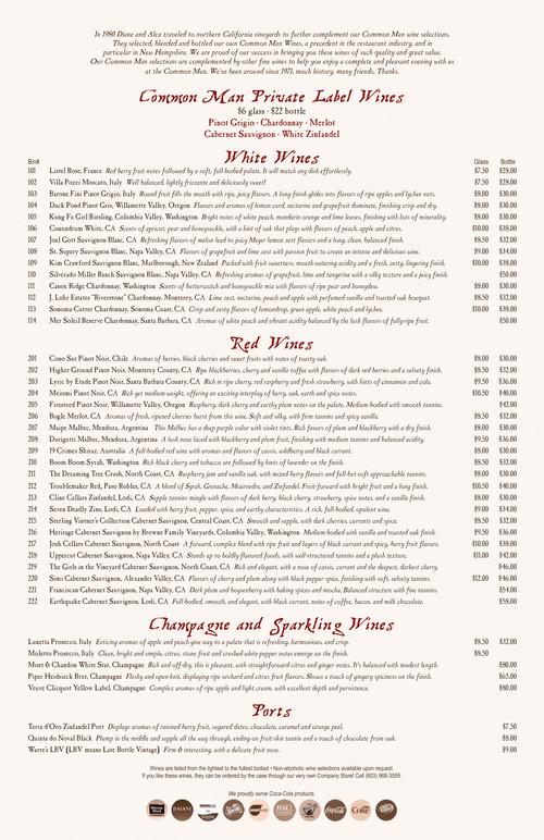 The Common Man Claremont menu in Claremont, New Hampshire, USA