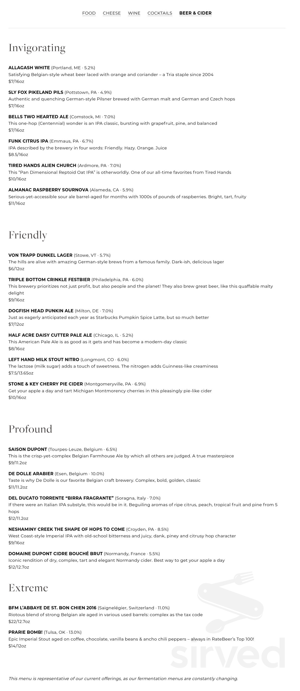 Menu - Philadelphia PA's Tria Cafe Wash West | Sirved