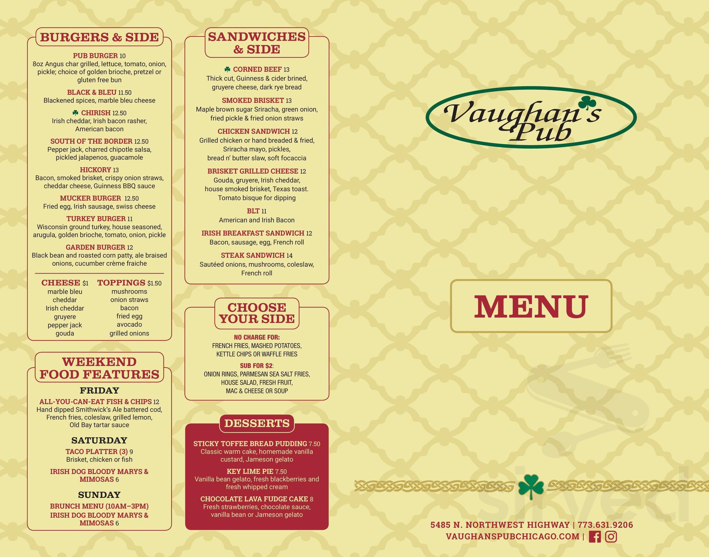 Menu for Vaughan's Pub & Grill in Chicago, Illinois, United States