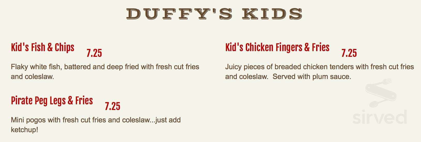 Menu - Southampton ON's Duffy's Famous Fish & Chips | Sirved