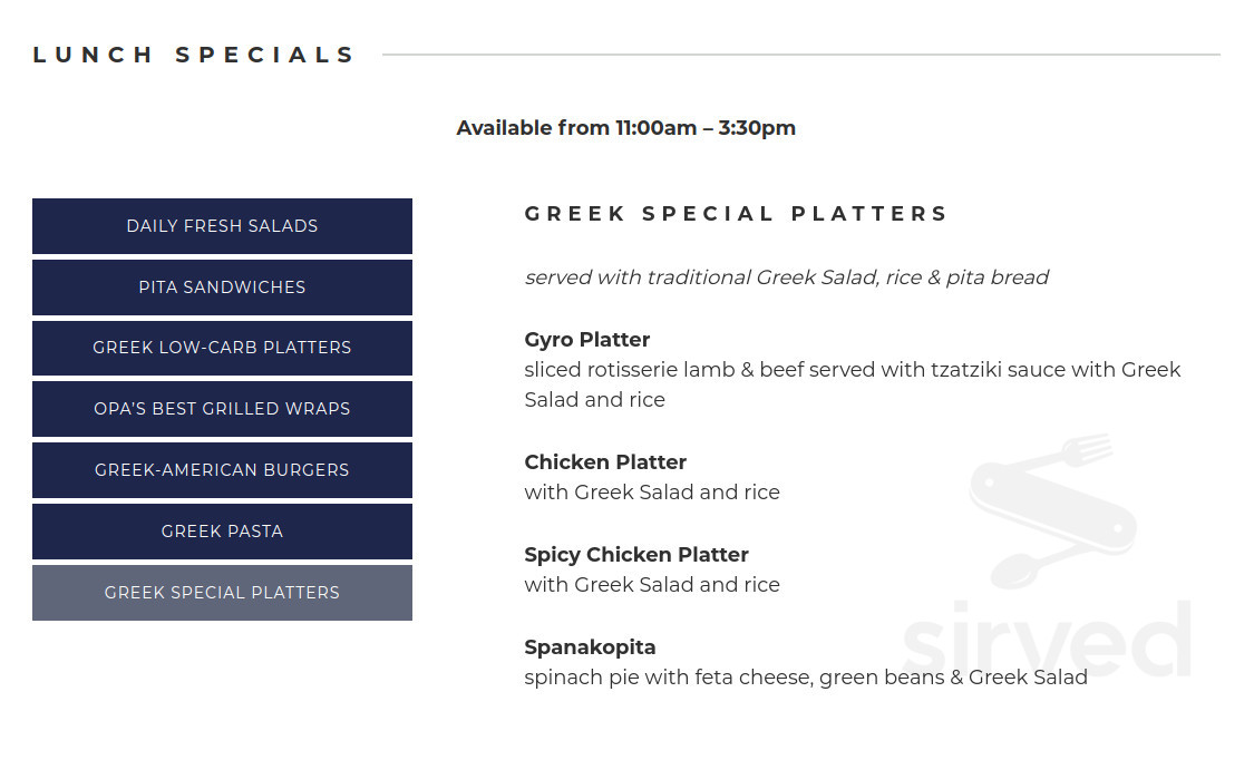 Menu for Opa's Best Greek American Cuisine in Tucson, AZ | Sirved