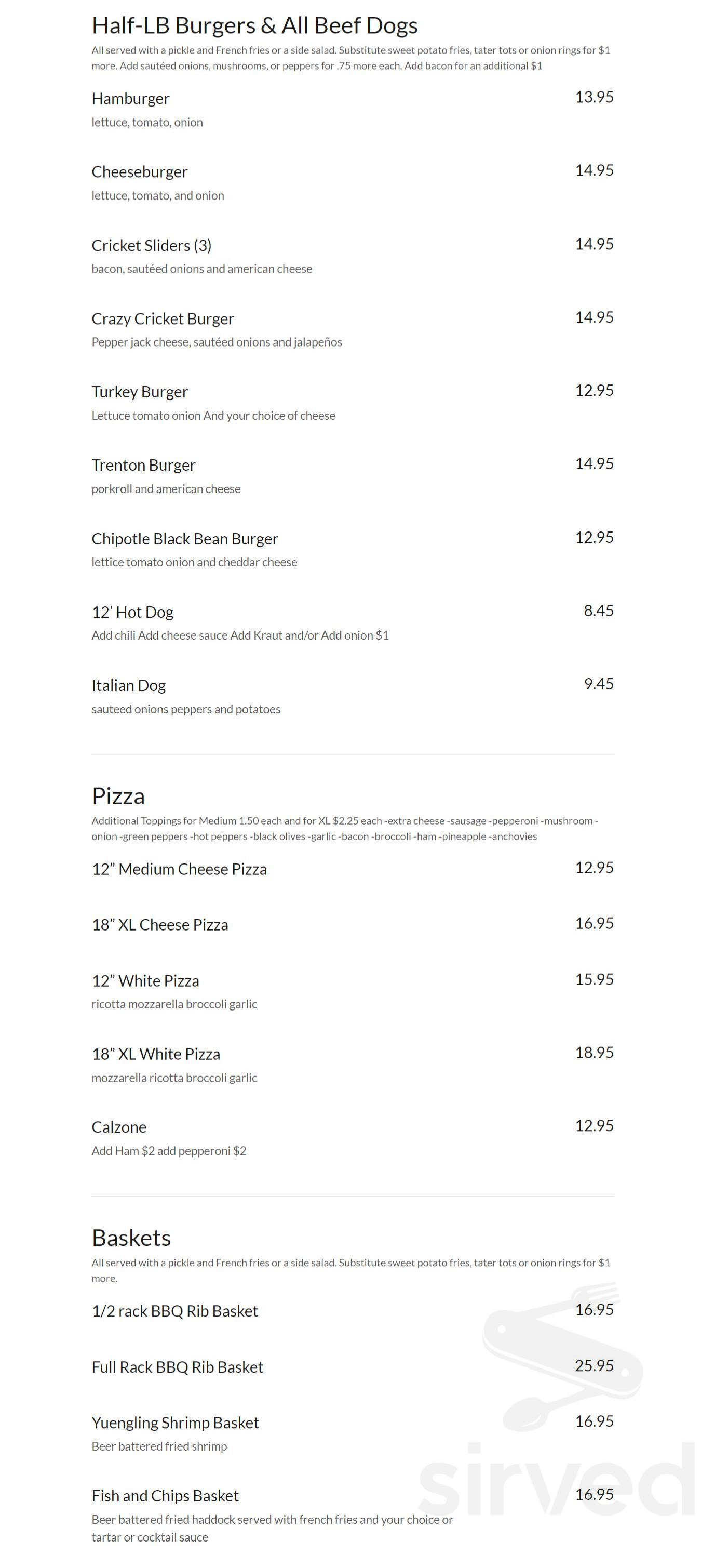 Menu - Fieldsboro NJ's Cool Cricket | Sirved
